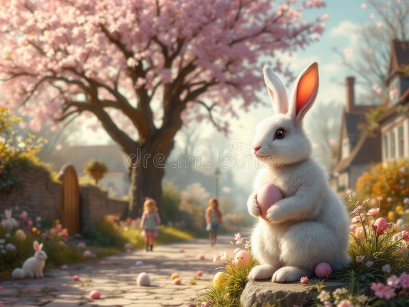 Easter Celebration with White Rabbits and Blooming Cherry Trees Stock ...