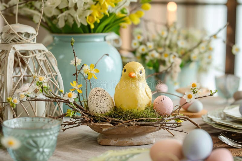 Easter Centerpiece on the Dining Room Table with Pastel Colored Flowers ...