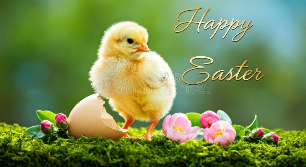 Easter Chick in Spring Setting with Blossoms and Eggshell. Easter ...