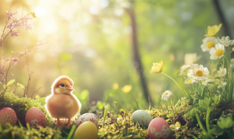 Easter Chick Surrounded by Colorful Eggs in Vibrant Spring Landscape ...