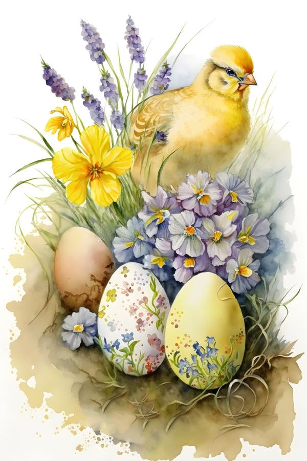 Easter Chicken and Colored Painted Eggs with Wild Spring Flowers on a ...