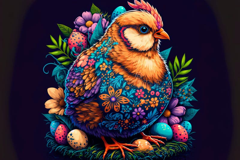 Easter Chicken with Easter Eggs and Floral Design.Generative AI Stock Illustration ...