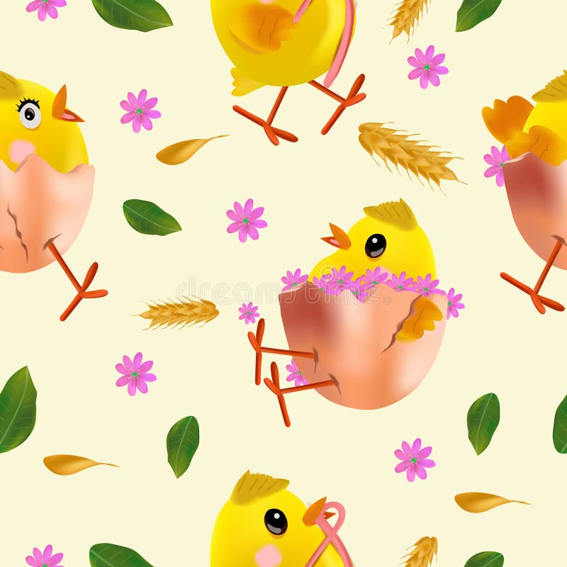 Easter Chicken, Flowers, Eggs, Green Leaf, Egg Shell. Seamless Pattern with Cute Cartoon ...