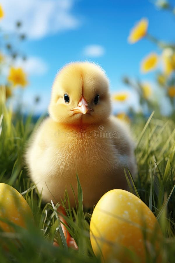 Easter Chicken in Green Grass with Painted Eggs, Sunny Day, Egg Hunt ...