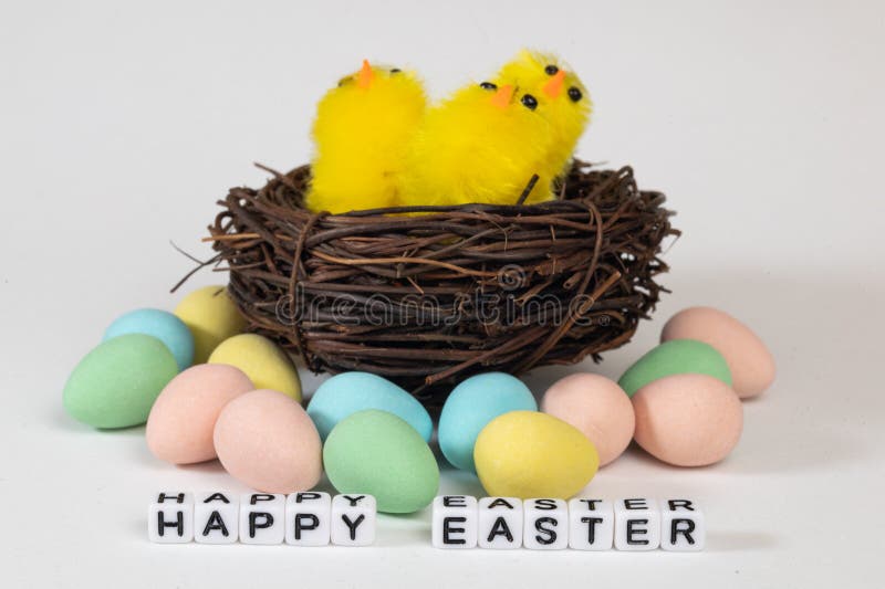 Easter Chicks in a Nest with Mini Candy Eggs. Stock Image - Image of ...