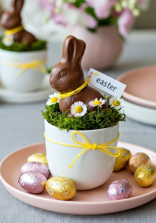 Easter Chocolate Bunny in Decorated Cup with Colorful Eggs and Spring ...