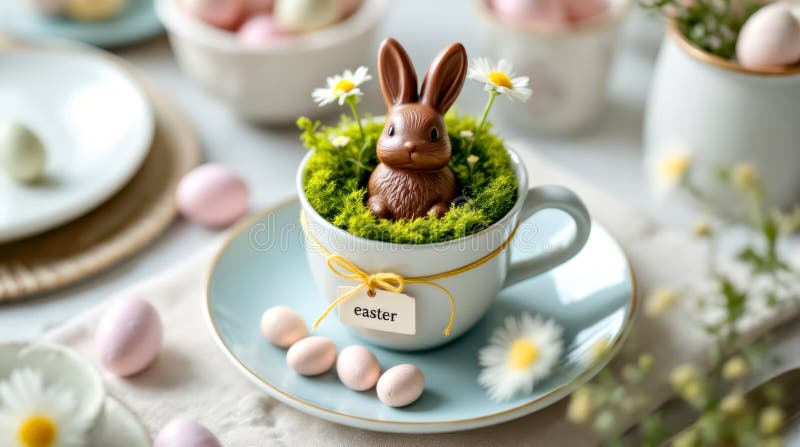 Easter Chocolate Bunny in Decorated Cup with Colorful Eggs and Spring ...