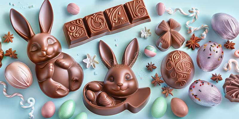 Easter Chocolate Bunny, Chocolate Eggs, Assorted Sweets. Top View ...