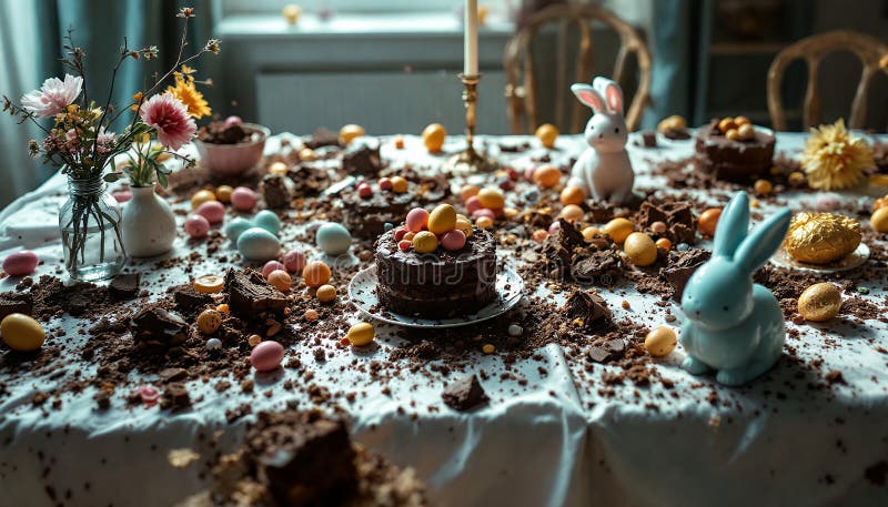 Easter Chocolate Cake Mess: a Festive Tabletop Scene Stock Illustration ...