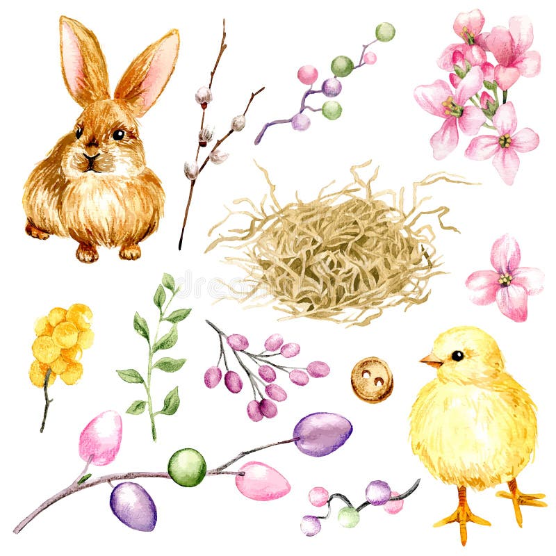 Easter Clip Art Set with Eggs, Chick and Bunny Stock Vector ...