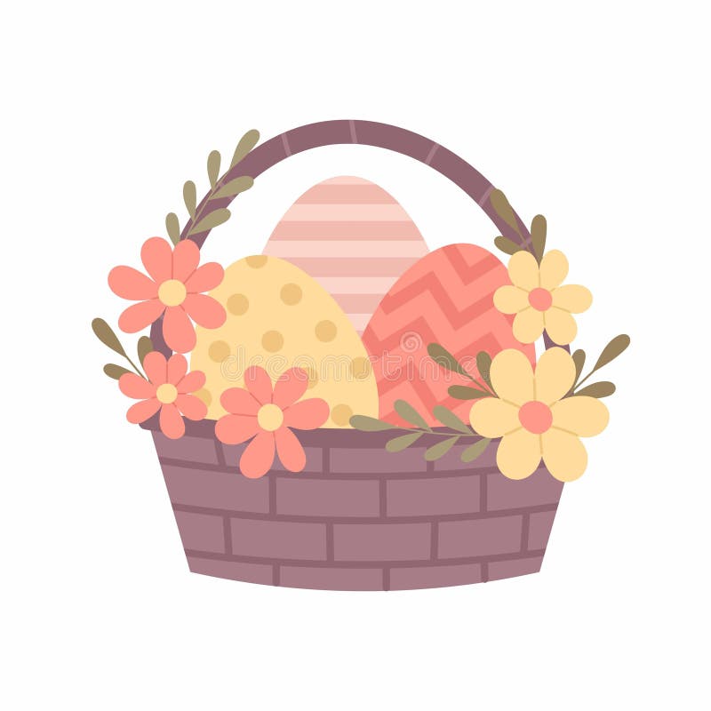 Easter Clipart. Wicker Basket with Easter Eggs Decorated Spring Flowers ...