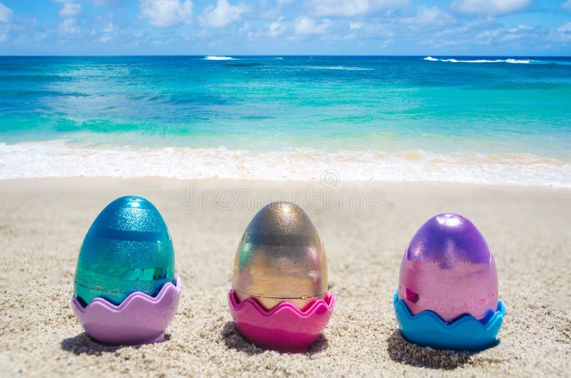 Easter Bunny With Color Eggs On The Ocean Beach Stock Image Image Of
