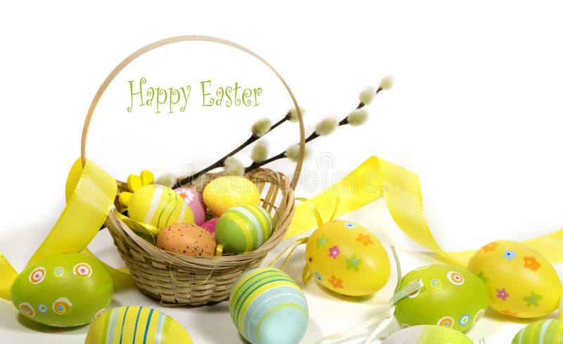 Easter Colored Eggs with a Basket of Vines. Stock Photo - Image of ...
