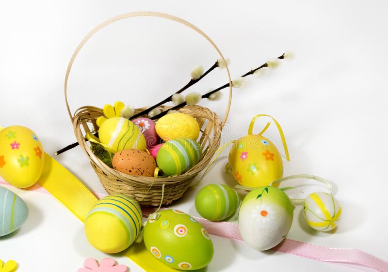 Easter Colored Eggs with a Basket of Vines. Stock Photo - Image of ...