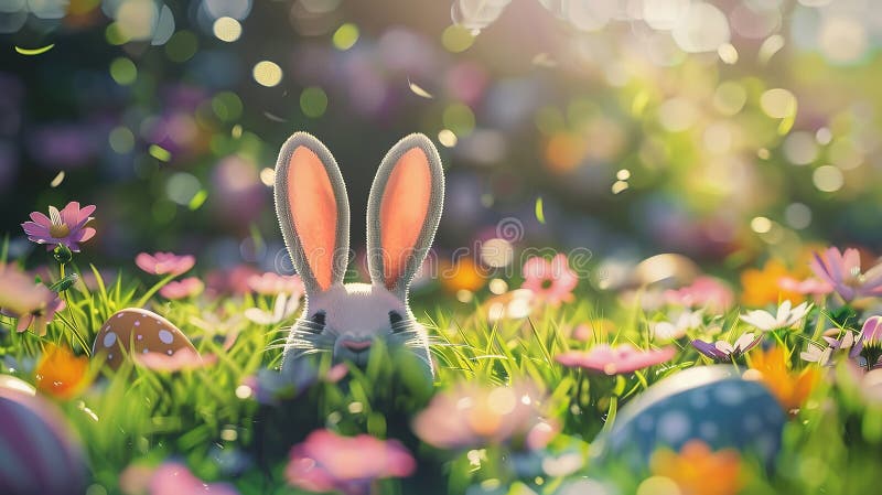 Easter Colored Eggs and Cute Rabbit on Flower Field. Generative AI ...