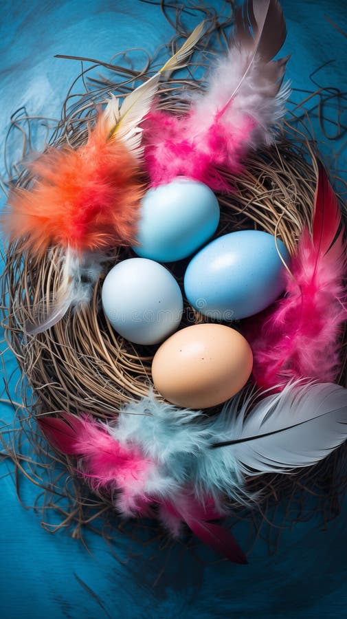 Easter Colored Eggs in a Nest with Feathers, Top View, Blue Background ...