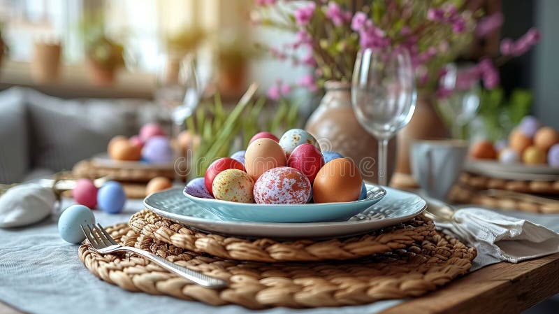 Easter Colored Eggs on a Plate. Easter Breakfast Setting Concept Stock ...