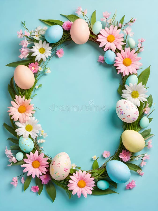 Easter Colorful Decorated Eggs with and Spring Flowers Template Frame on a Light Blue Background ...