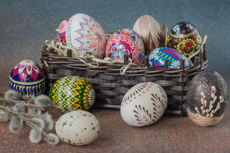 Easter. Colorful Easter Eggs and Easter Palm Stock Photo - Image of ...