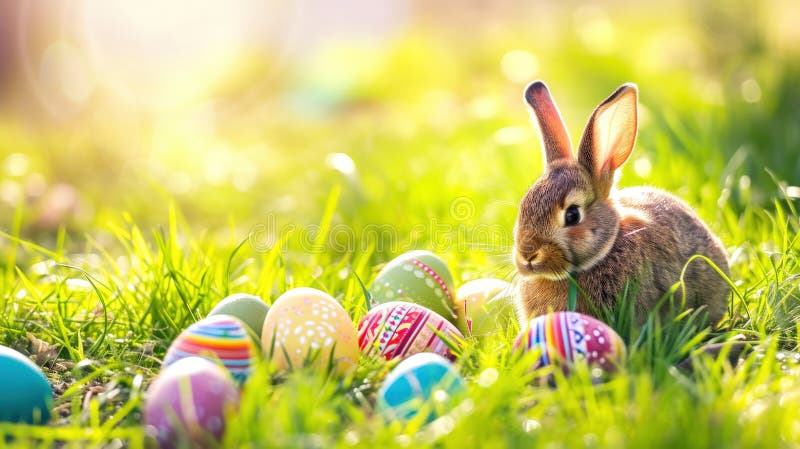 Easter Colorful Eggs on Sunny Field with Green Grass and Cute Rabbit ...