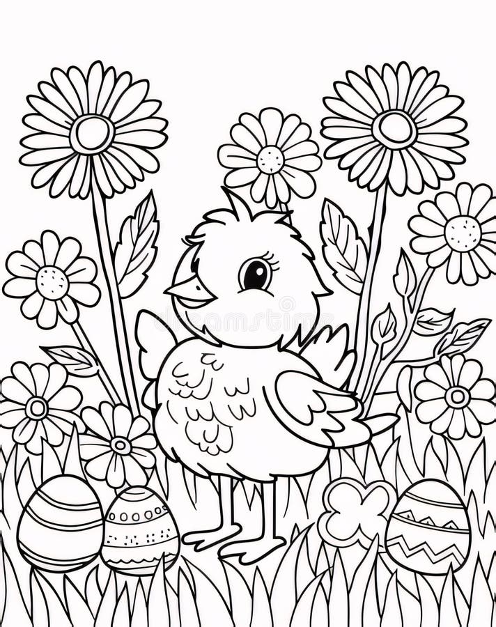 Easter Coloring Page with Chicken and Eggs. Vector Illustration for ...