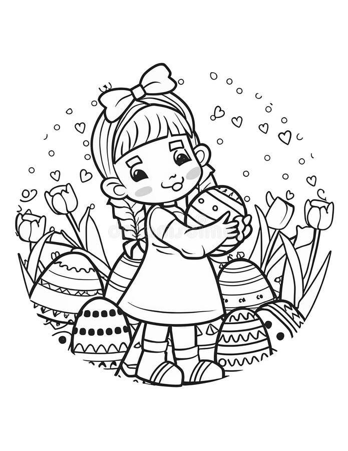 Easter Coloring Page for Children with a Girl and Easter Eggs Stock ...
