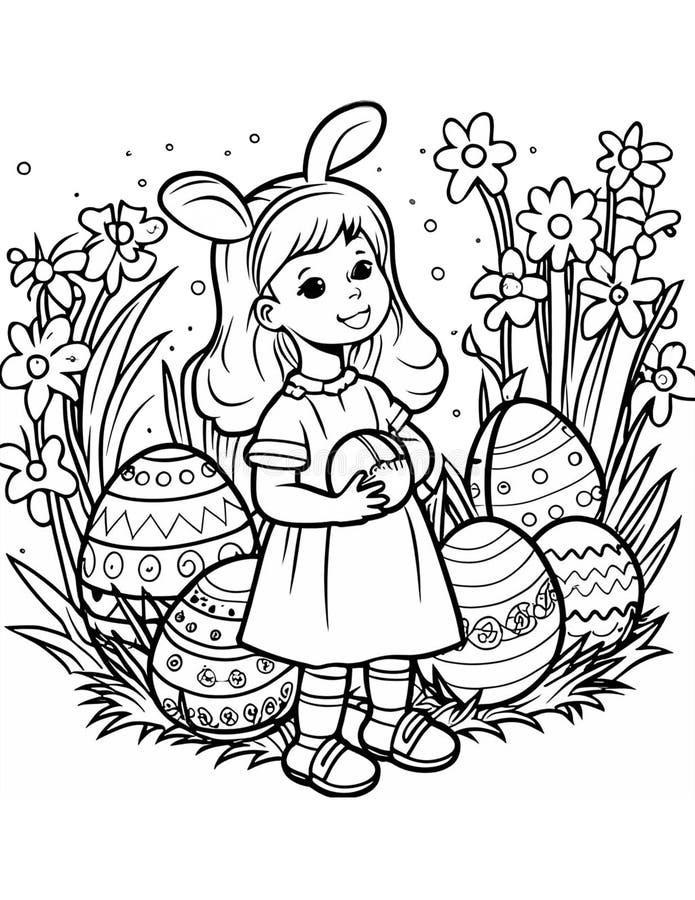 Easter Coloring Page for Children with a Girl and Easter Eggs Stock ...