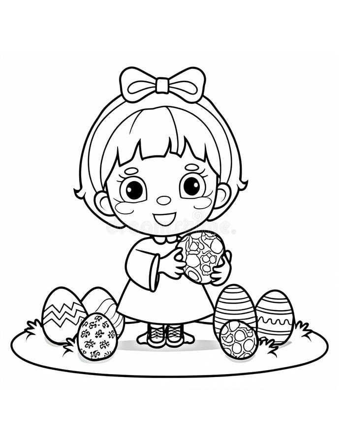 Easter Coloring Page for Children with a Girl and Easter Eggs Stock ...
