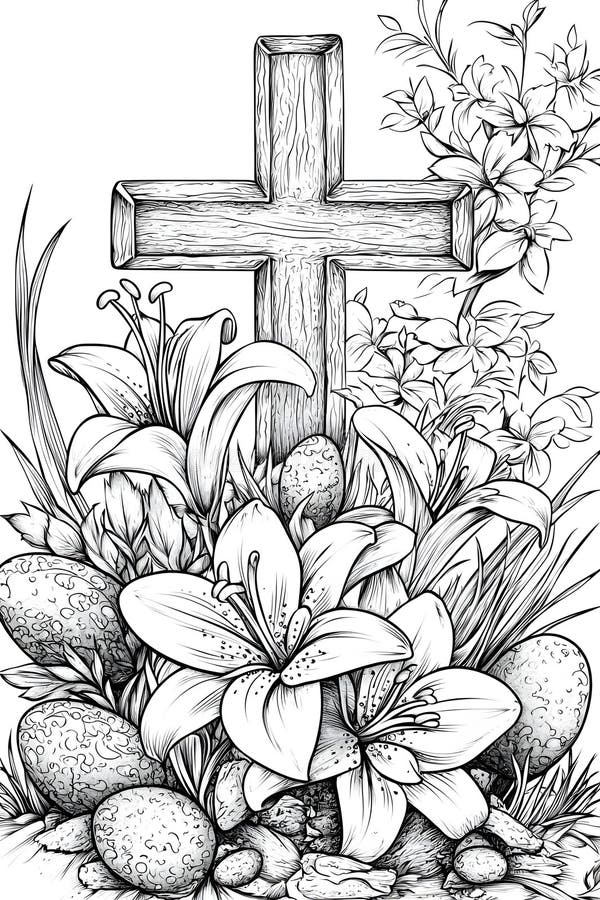 Easter Coloring Page Featuring Cross and Easter Lilies for Relaxation ...