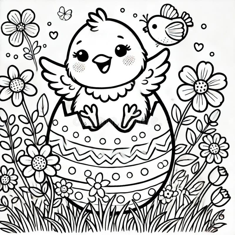 Easter Coloring Page of Happy Chick Hatching from Decorated Egg in ...