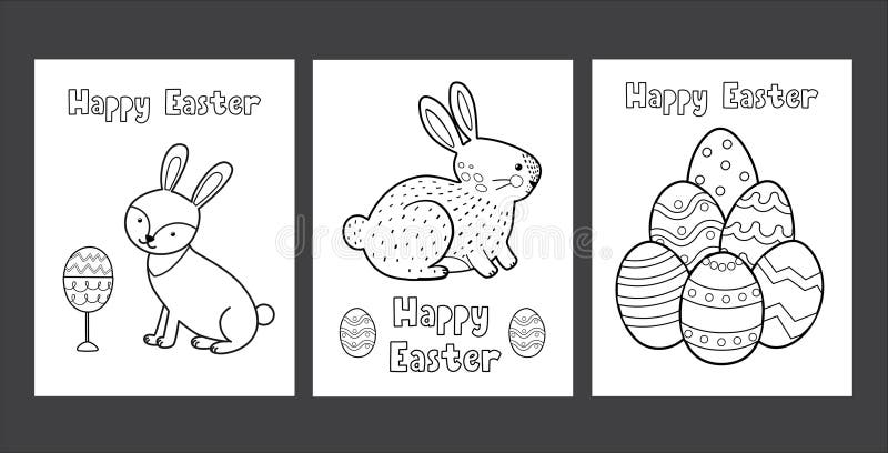 Easter Coloring Pages Set with Cute Bunny and Eggs. Black and White ...