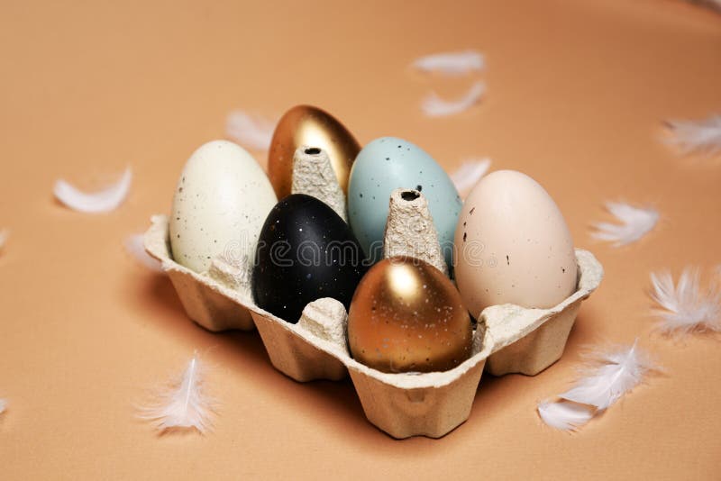Easter is Coming, a Tray with Painted Eggs, on a Background ...