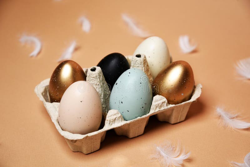 Easter is Coming, a Tray with Painted Eggs, on a Background ...