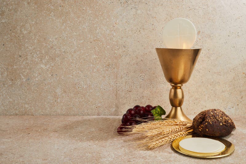 Easter Communion Still Life with Chalice of Wine and Bread Stock Photo ...