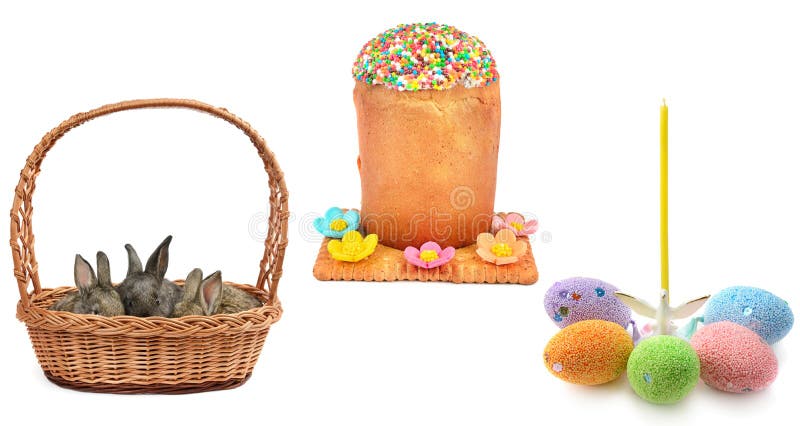 Easter Composition. Basket with Rabbits, Easter Cake and Easter Eggs ...