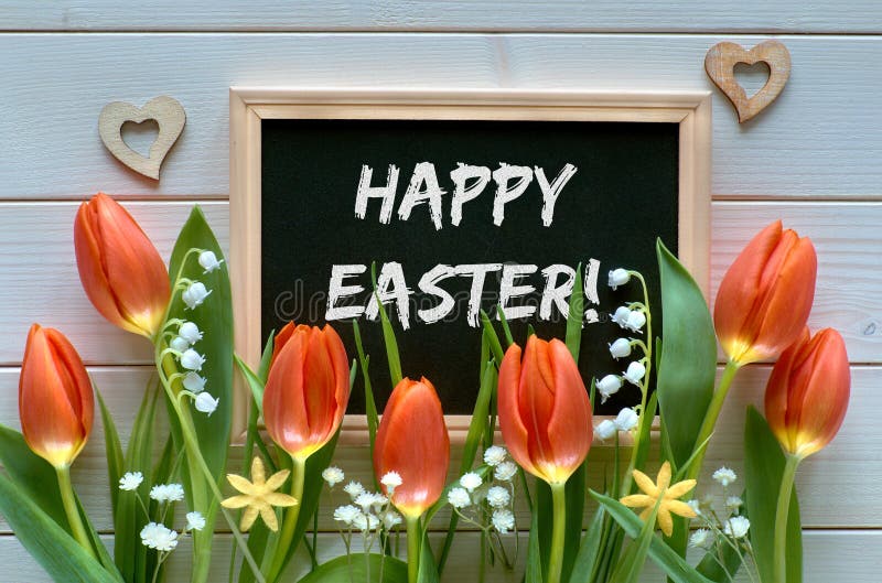 Easter Composition with Blackboard Framed with Spring Flowers, T Stock ...