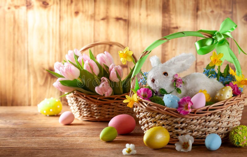Easter Composition with Bunny in Basket, Spring Flowers and Colorful ...