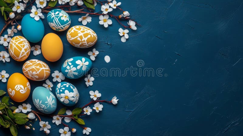 Easter Composition. Colorful Easter Eggs and Spring Flowers on Blue ...