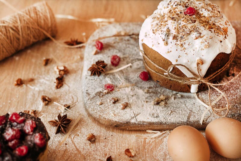 Easter Composition. Easter Cake, Eggs, Dried Fruits Stock Photo - Image ...
