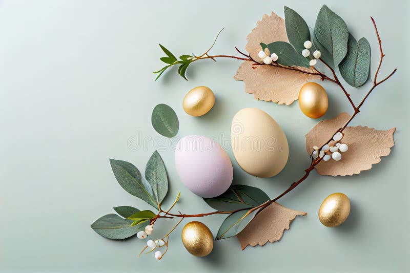 Easter Composition with Eggs, Branches, Leaves and Berries on Color ...
