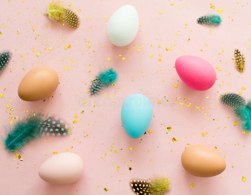 Easter Composition. Easter Eggs, Confetti on Unocorn Background. Flat ...