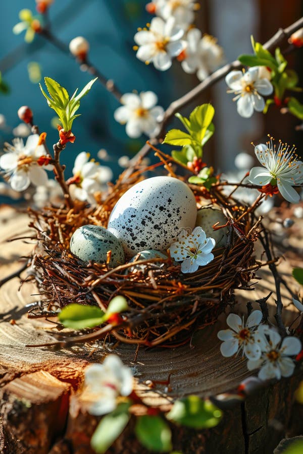 Easter Composition with Easter Eggs in Nest on Wooden Board and Blossom ...