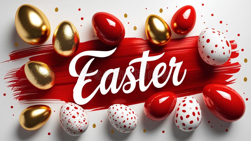 Easter Composition: Eggs, Red Brushstroke with "Easter" Writing and ...