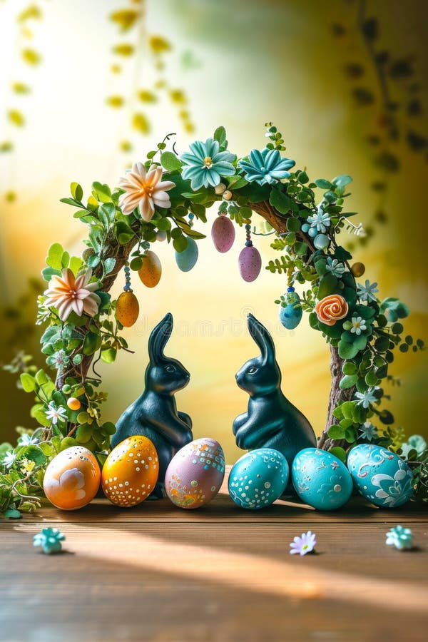Easter Composition with Festive Easter Arch and Bunnies Stock ...