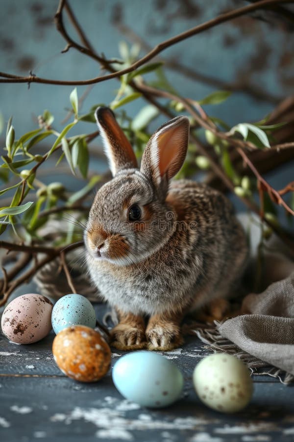 Easter Composition with Rabbit and Easter Eggs Stock Photo - Image of ...