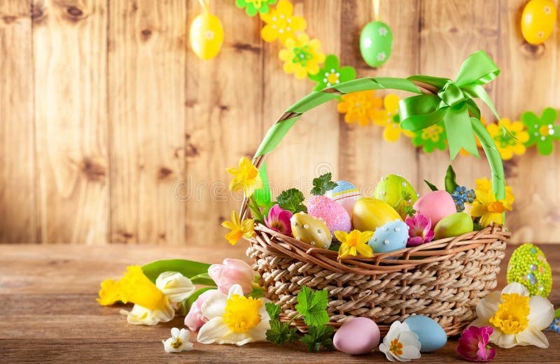 Easter Composition Spring Flowers and Colorful Easter Eggs in Basket ...
