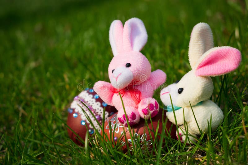 Easter Composition with Two Decorated Eggs and Two Bunnies Stock Photo ...