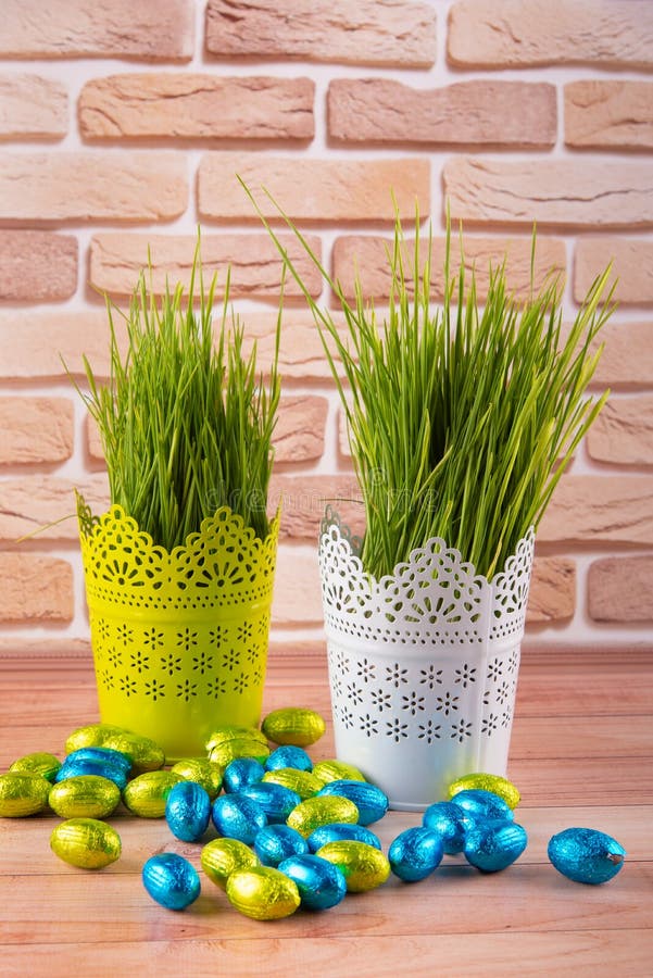 Easter Composition. Two White, Green Flower Pots with Fresh Spring ...