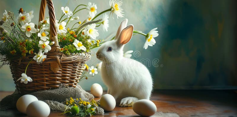 Easter Composition with White Rabbits, Basket with Flowers Stock ...