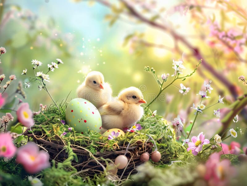 Easter Composition with Yellow Chickens and Easter Eggs on Nature ...